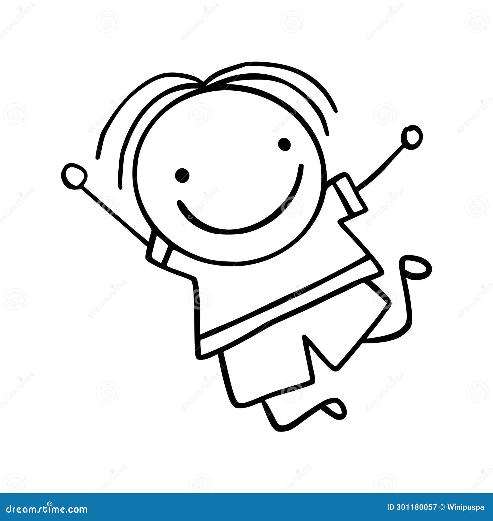 Hand-Drawn Line Art Cartoon of Happy Kids. Children Illustration Stock ...