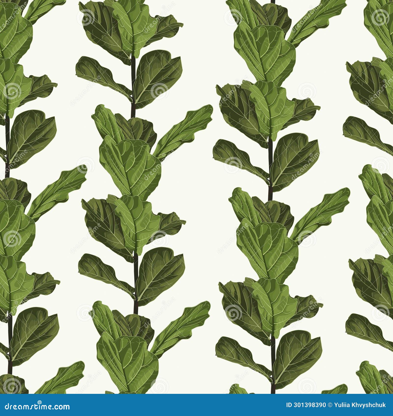 Floral Seamless Pattern, Green Fiddle Leaf Fig Plant on Light ...