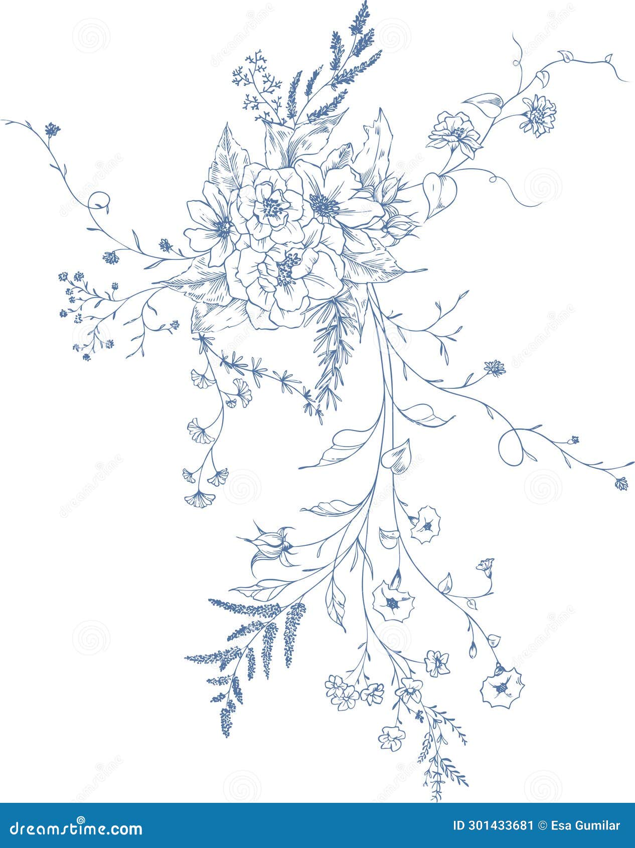 Botanical Floral Wreath Line Art Hand Drawn Illustration Vector ...