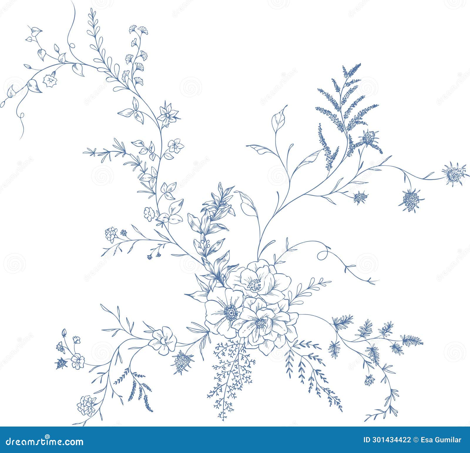 Botanical Floral Wreath Line Art, Elegant Blue Flower Wreath, Blue Line ...