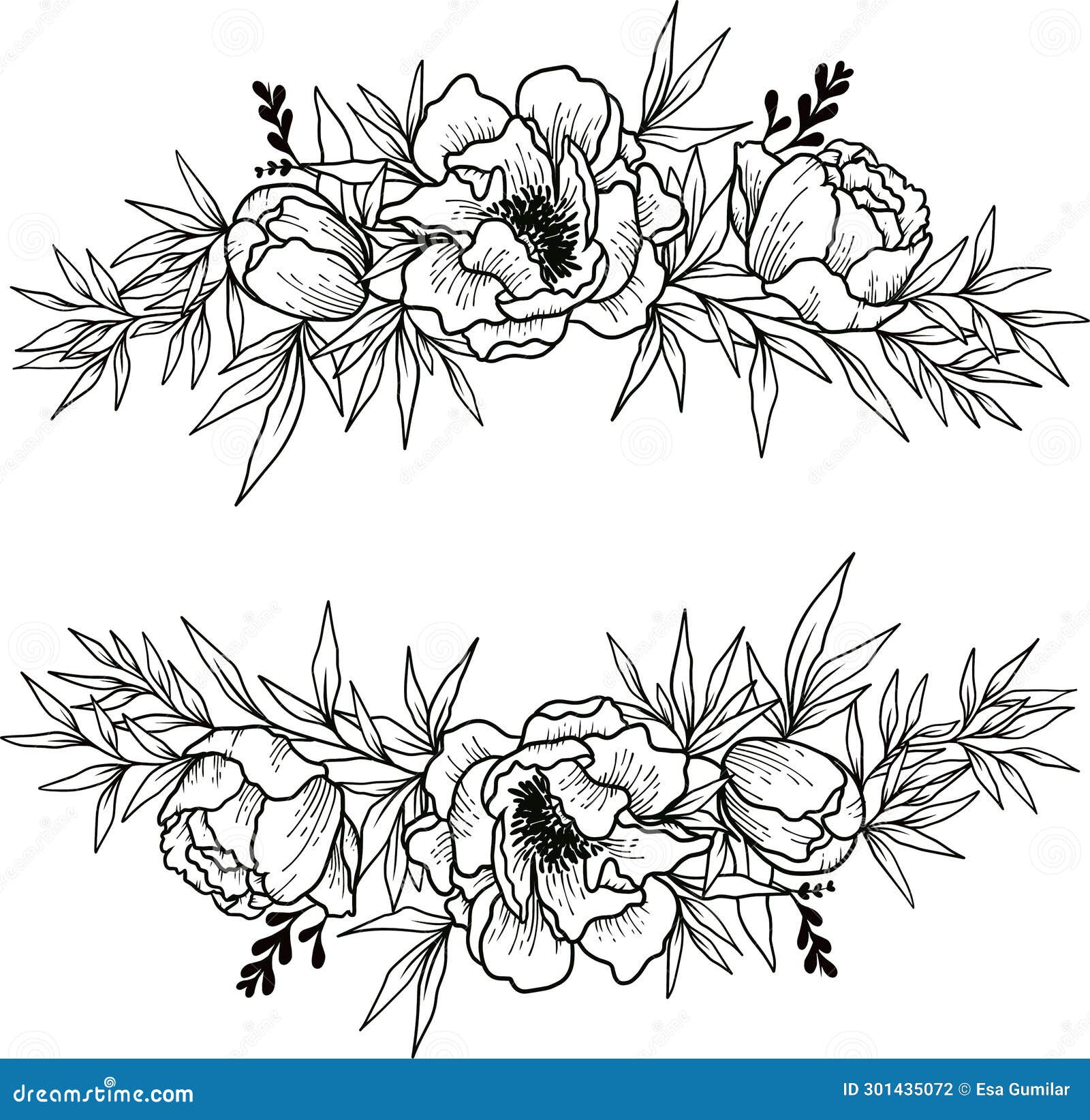 Vector Floral Peony and Little Leaves Wreath Frame. Botanical Hand ...