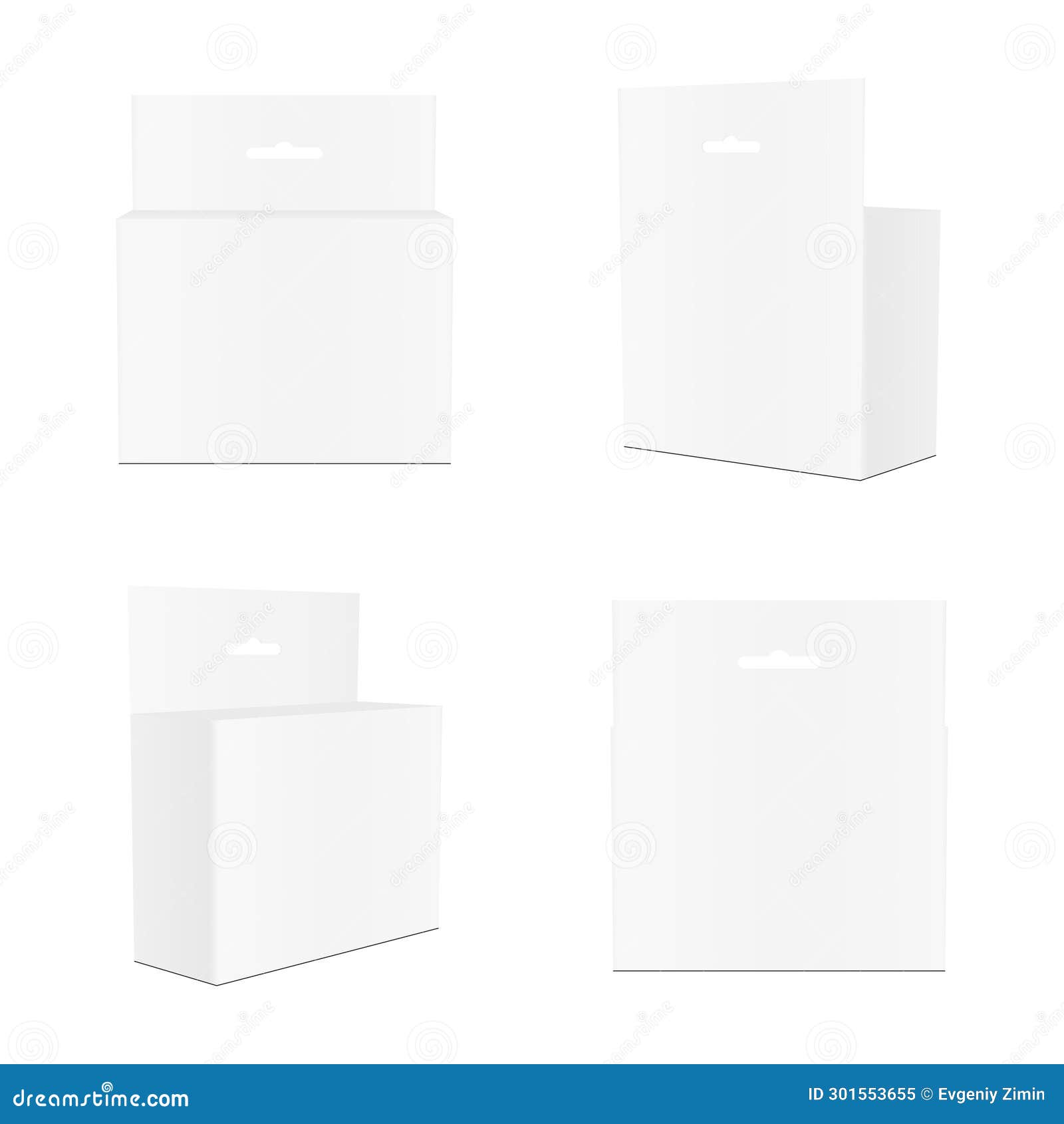 Square Packaging Box with Hang Tab, Euro Slot, Front, Side, Back View ...