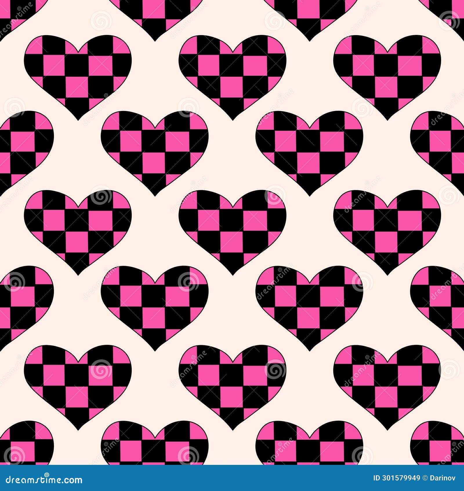 Seamless Pattern with Hearts Checkered in Emo Style. Y2k. Black and ...