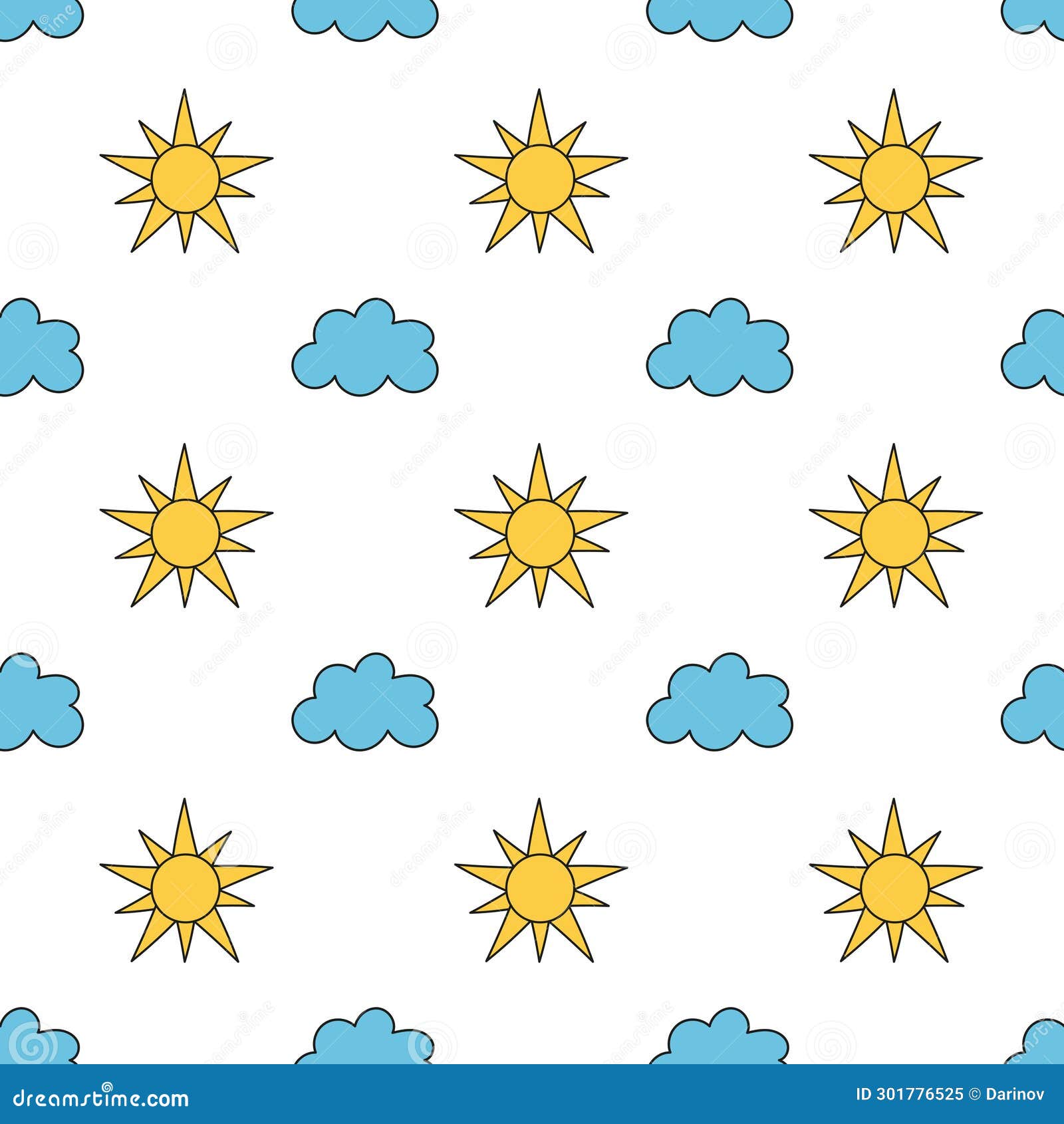 Seamless Pattern with Yellow Suns and Clouds. Simple Sunny Cloudscape ...