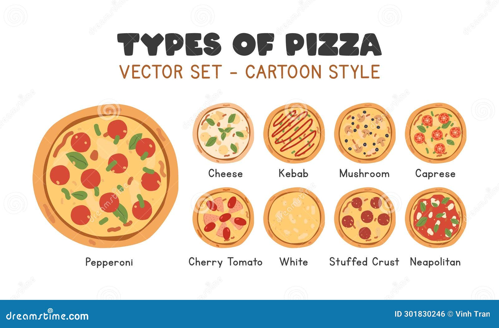 Types of Pizza Vector Set. Pepperoni, Cheese, Kebab, Mushroom, Caprese ...
