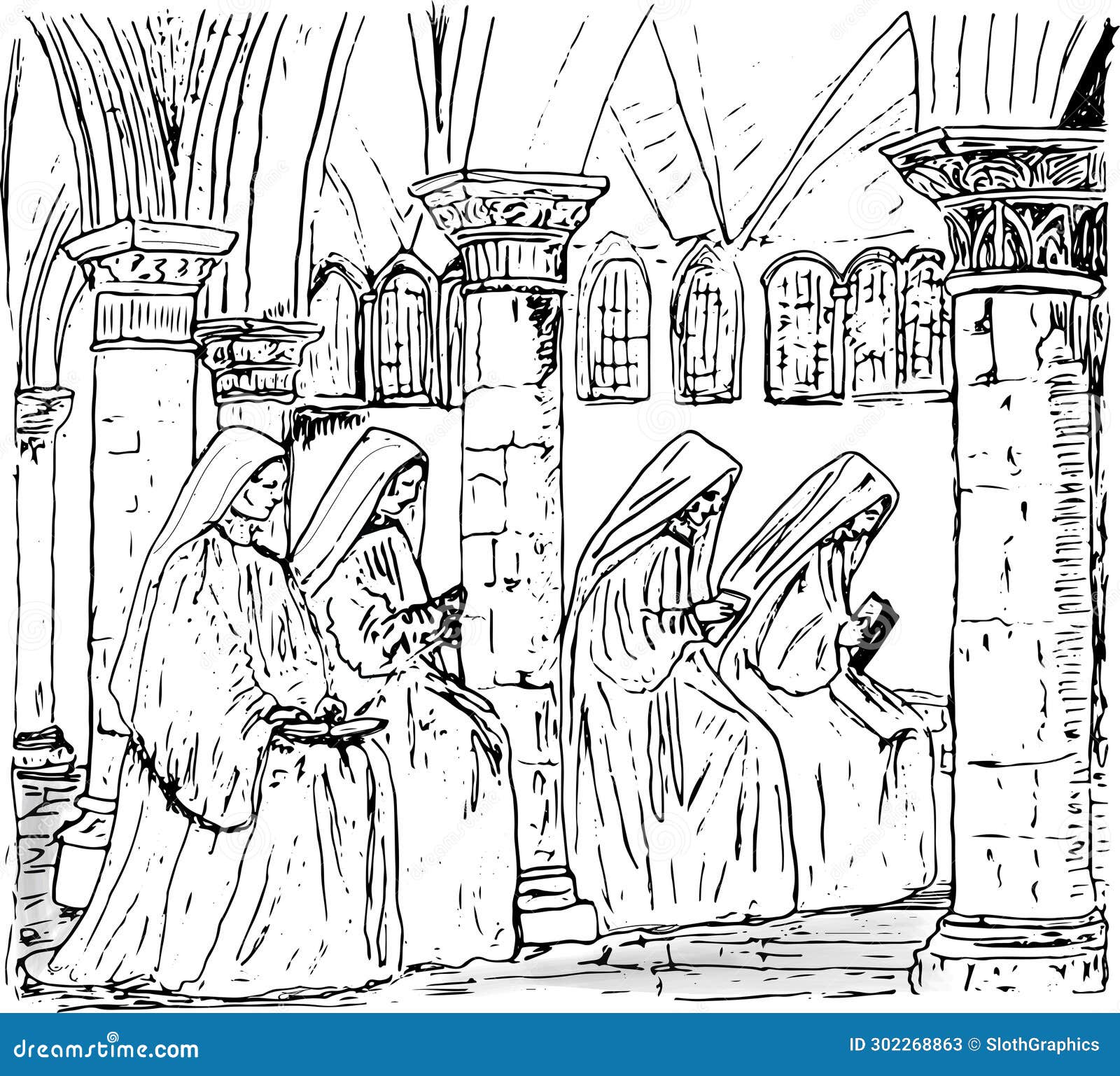 Medieval Nuns at Evening Prayer Stock Vector - Illustration of sisters ...