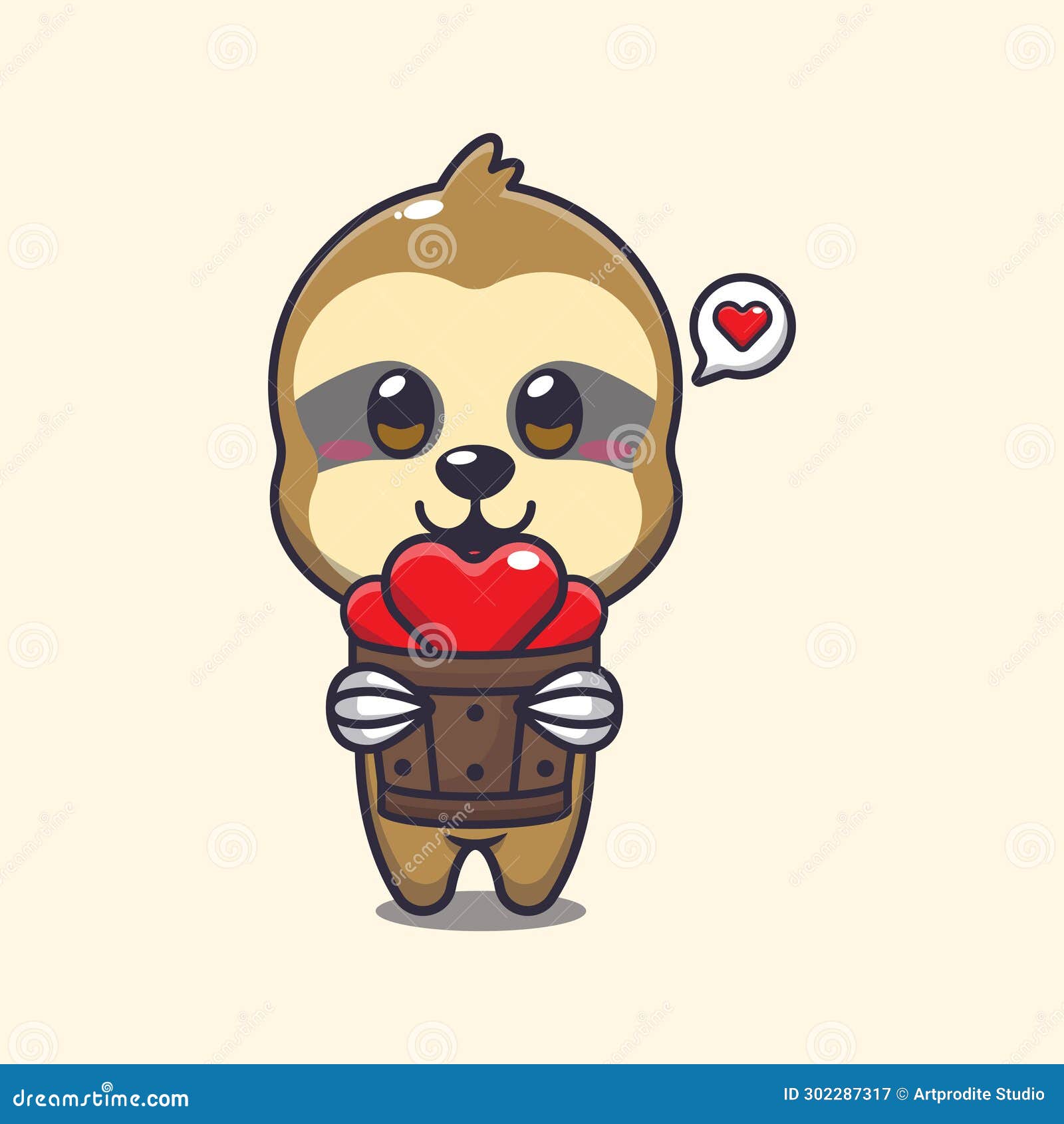 Cute Sloth Cartoon Character Holding Love in Wood Bucket. Stock Vector ...