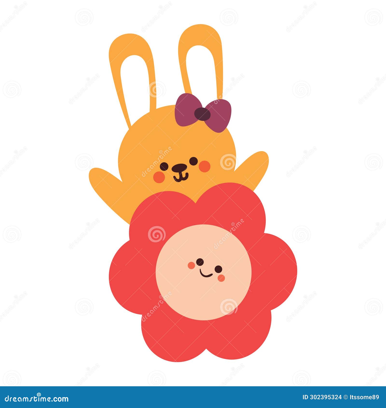 Hand Drawing Cartoon Bunny with Big Cute Flower Stock Vector ...