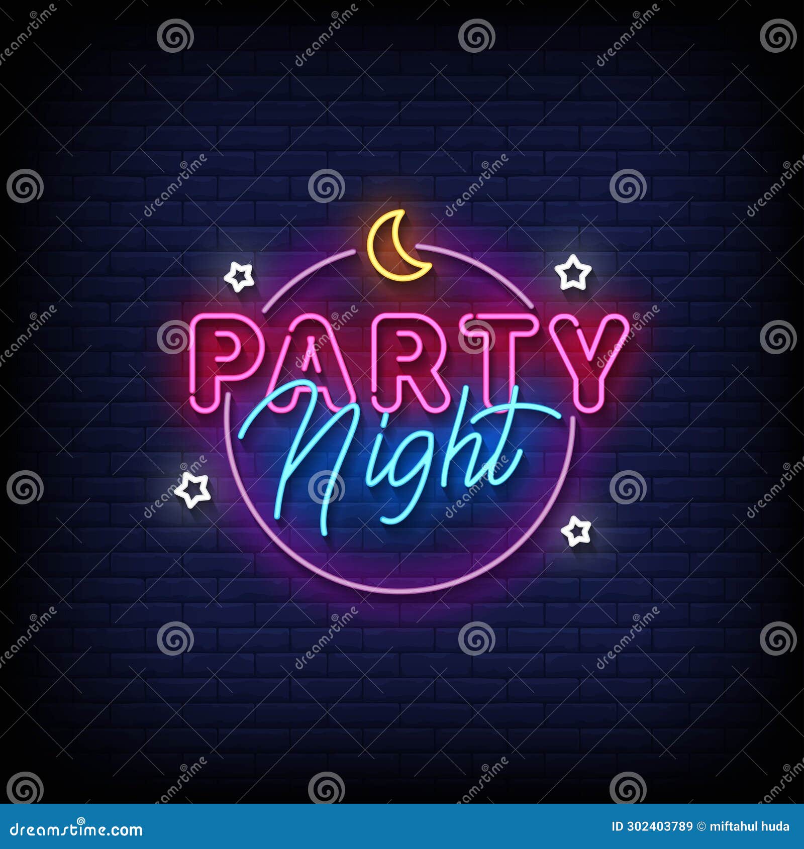 Neon Sign Party Night with Brick Wall Background Vector Stock Vector ...