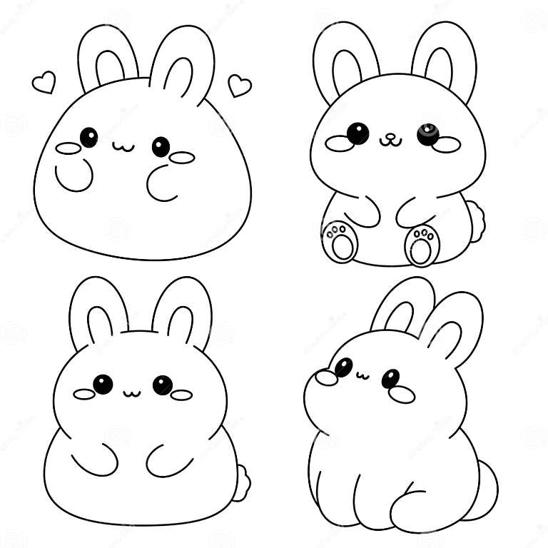 Set of Cute Bunny Cartoon Coloring Page Stock Vector - Illustration of ...