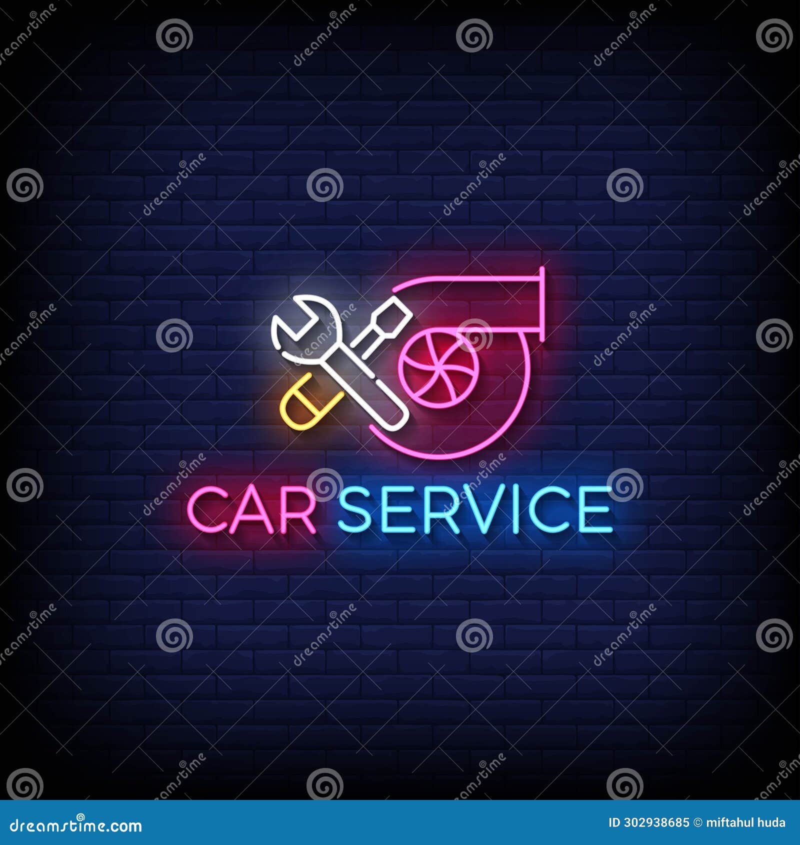 Neon Sign Car Service with Brick Wall Background Vector Stock Vector ...
