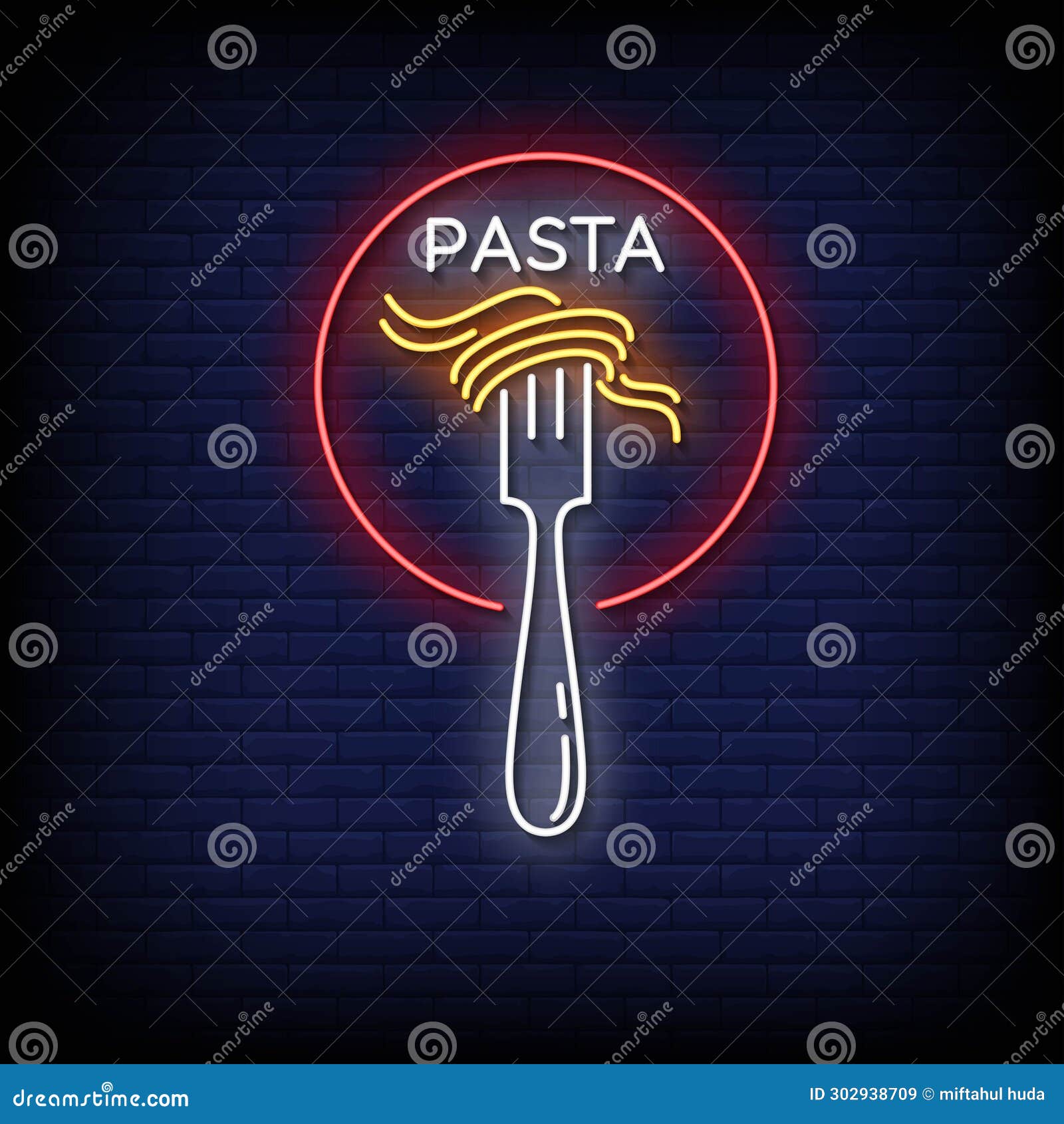Neon Sign Pasta with Brick Wall Background Vector Stock Vector ...