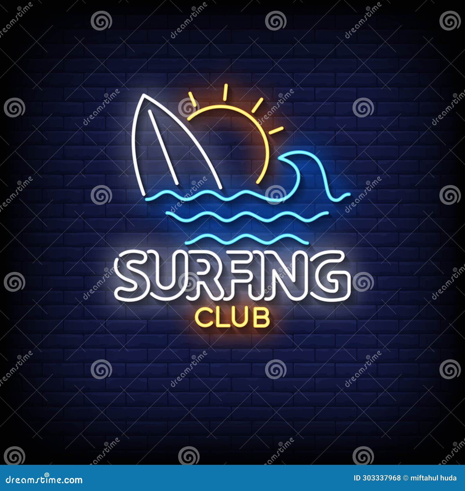Neon Sign Surfing Club with Brick Wall Background Vector Stock ...