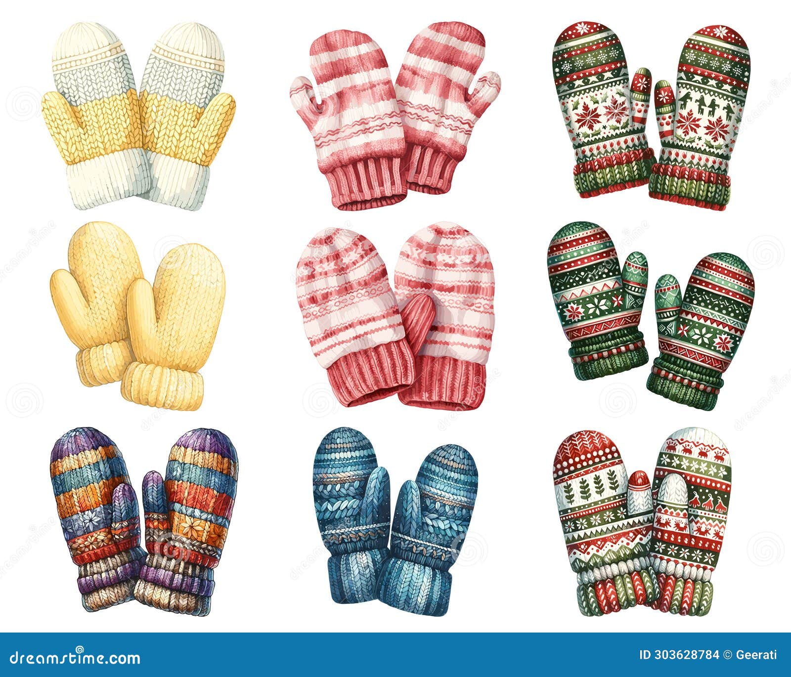 Watercolor Winter Mittens Set, Winter Accessories, Vector Illustration ...