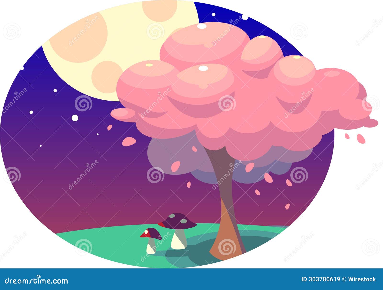A Tree Against a Night Sky Illuminated by a Full Moon in a Cartoon ...