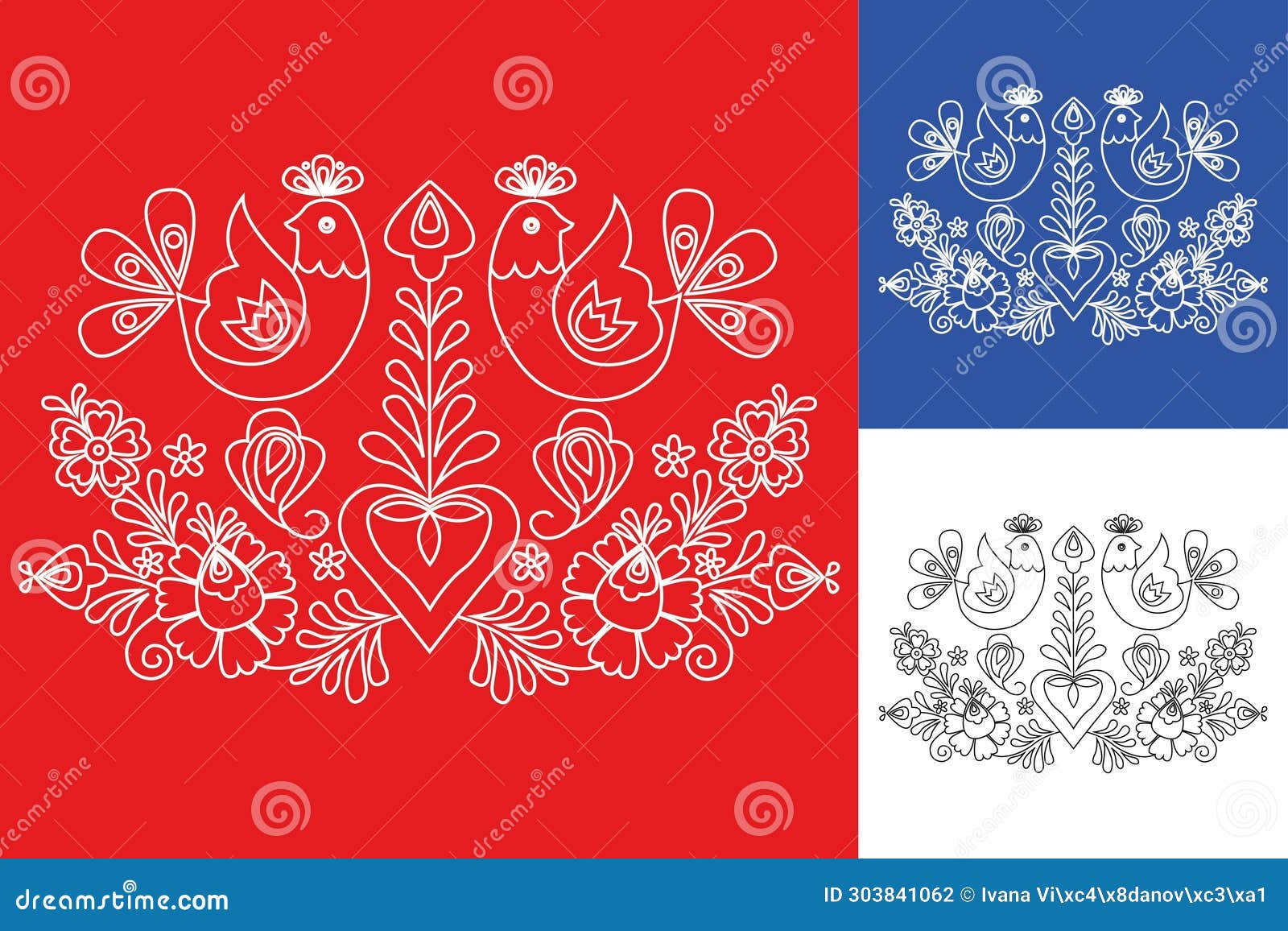 Folk Motif with Birds and Plants. Stock Vector - Illustration of ...