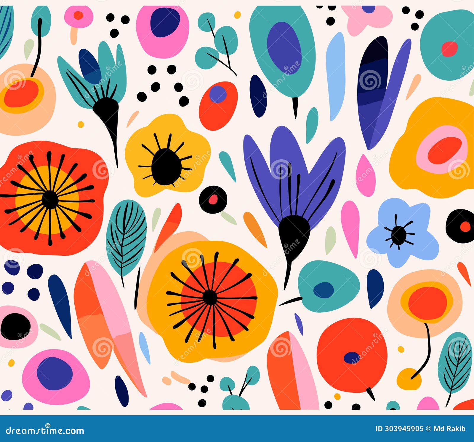 Abstract Illustration in Cartoon Style Flower and Leaves Patterns with ...
