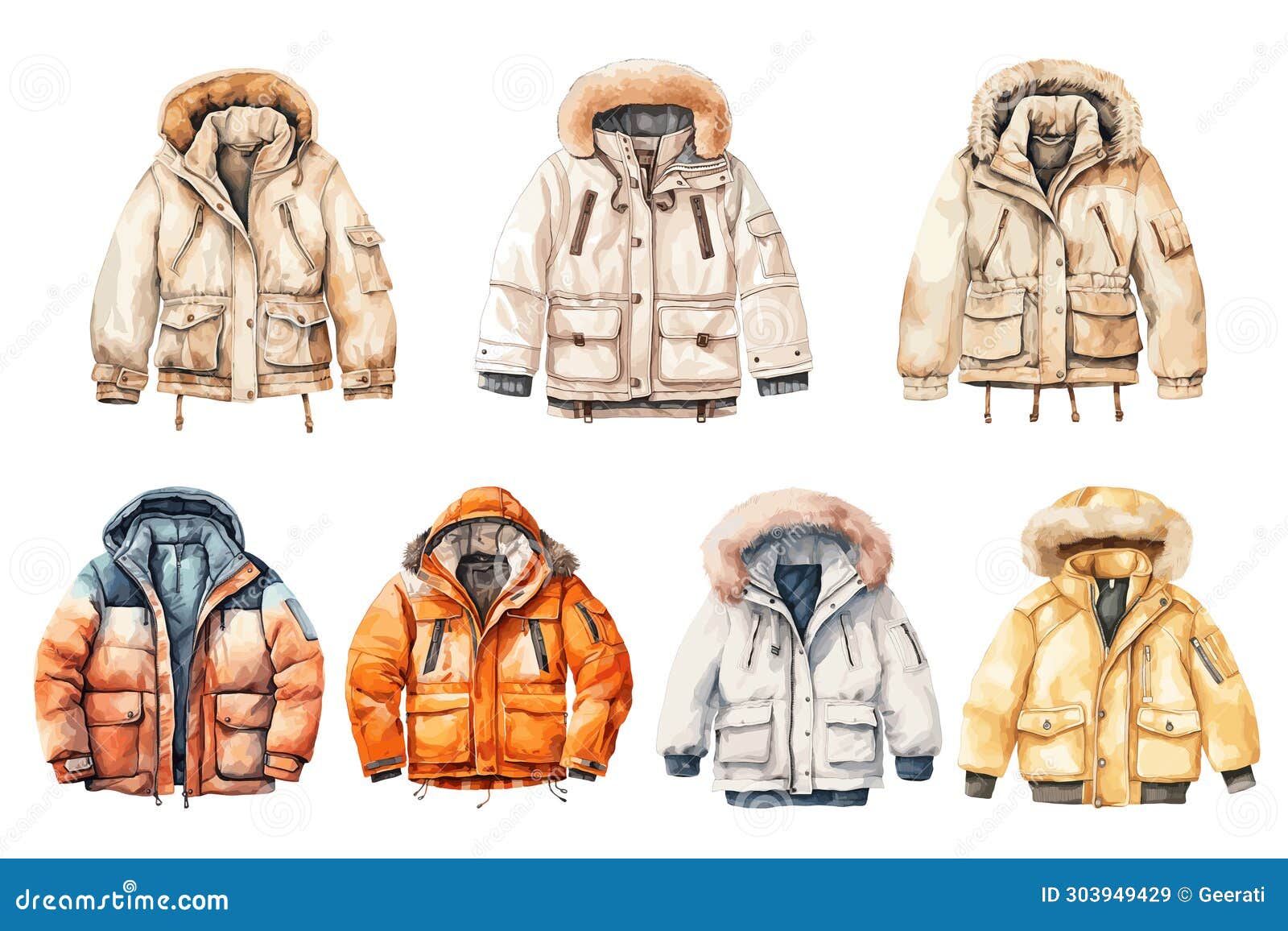 Watercolor Winter Jacket Set, Winter Accessories, Vector Illustration ...