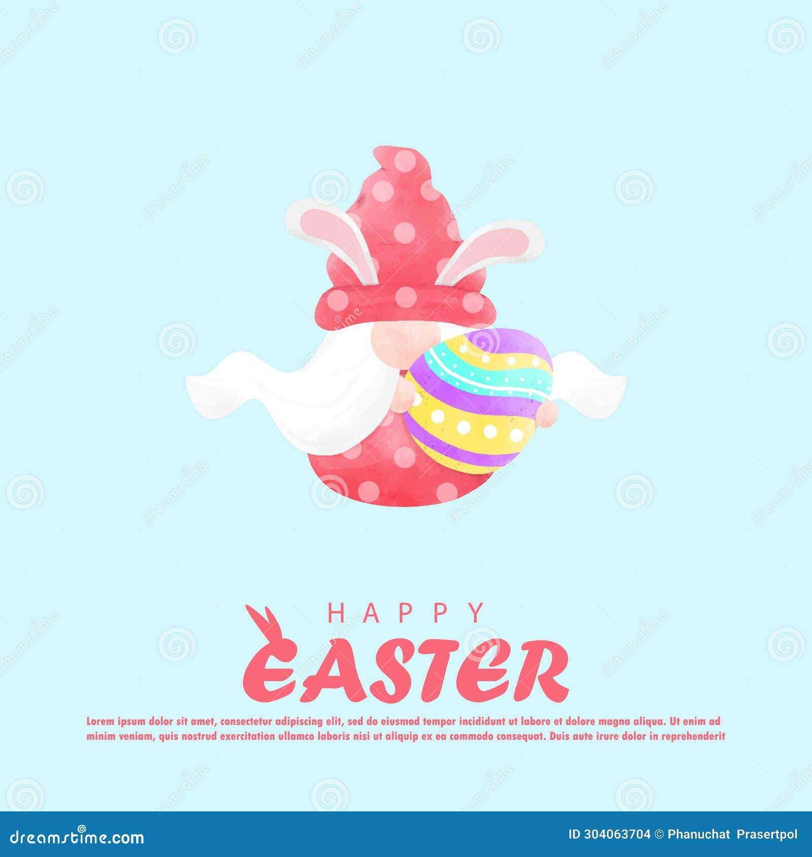 Happy Easter Day Watercolor. Gnome Cartoon with Easter Egg Greeting ...