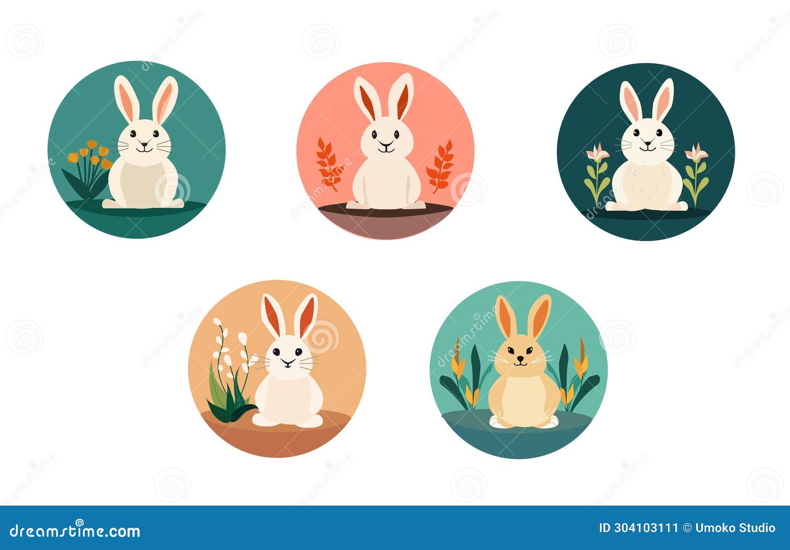 Set of Cute Easter Rabbits, Bunny in Circles. Stamps, Stickers. Sitting ...
