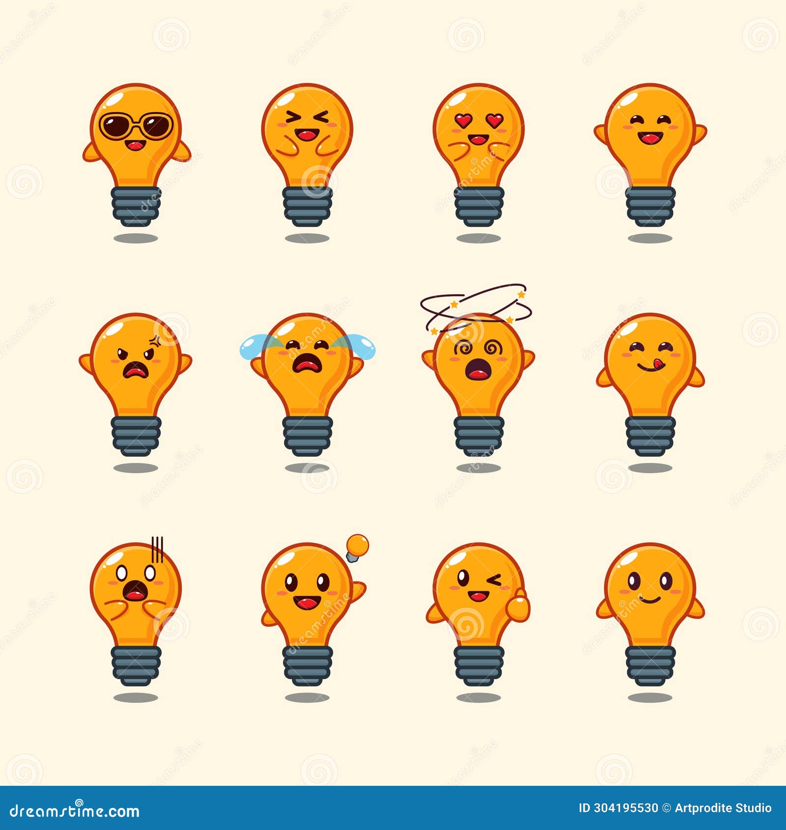 Cute Light Bulbs Cartoon Character Vector Illustration. Stock Vector ...
