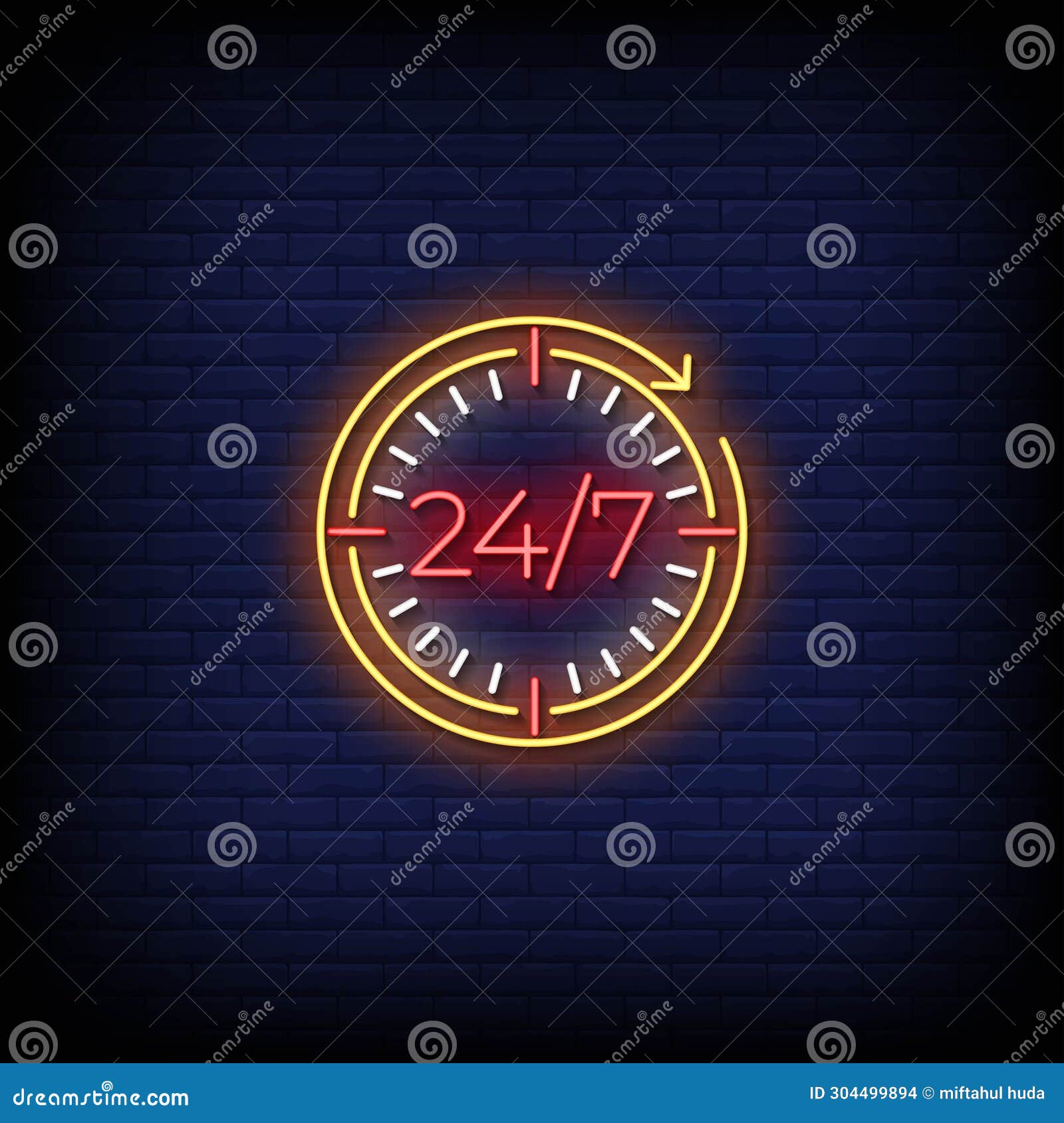 Neon Sign 24 Hours with Brick Wall Background Vector Stock Vector ...