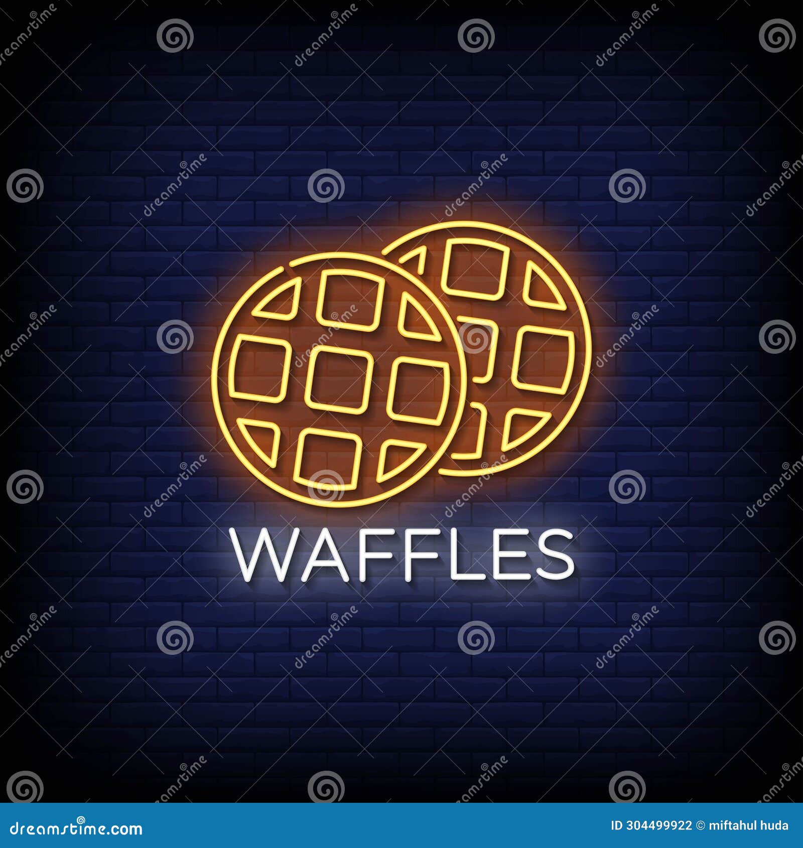 Neon Sign Waffles with Brick Wall Background Vector Stock Illustration ...