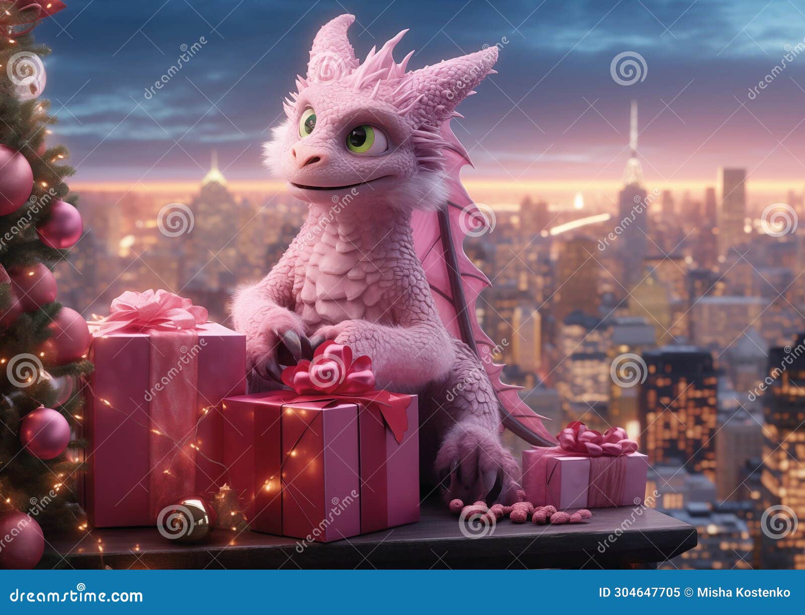 Pink Fluffy Dragon Robs Christmas Presents Near the Christmas Tree on ...