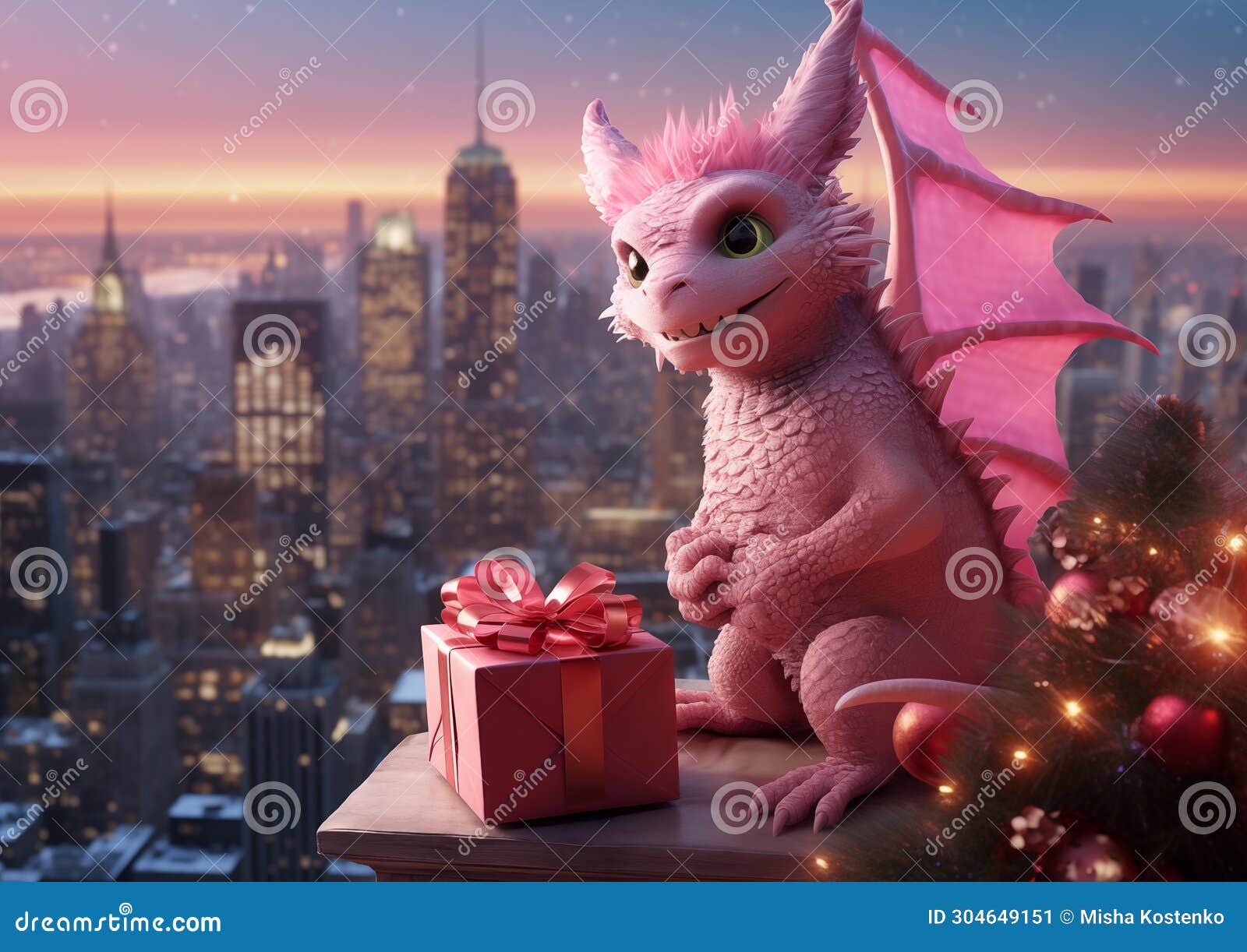 Pink Fluffy Dragon Robs Christmas Presents Near the Christmas Tree on ...
