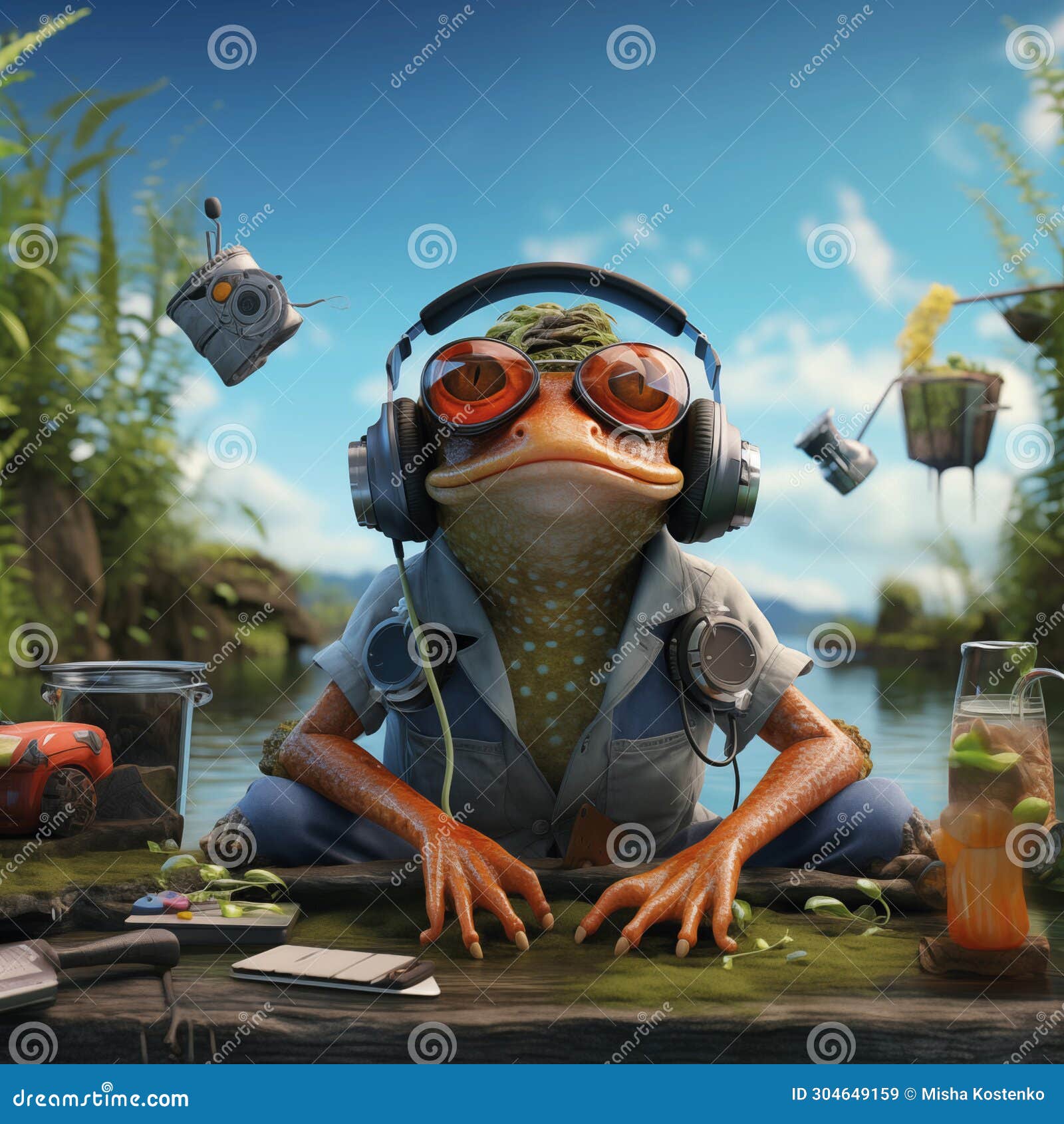 A Frog Wearing Glasses and Headphones is Sitting on a Stone Stock ...