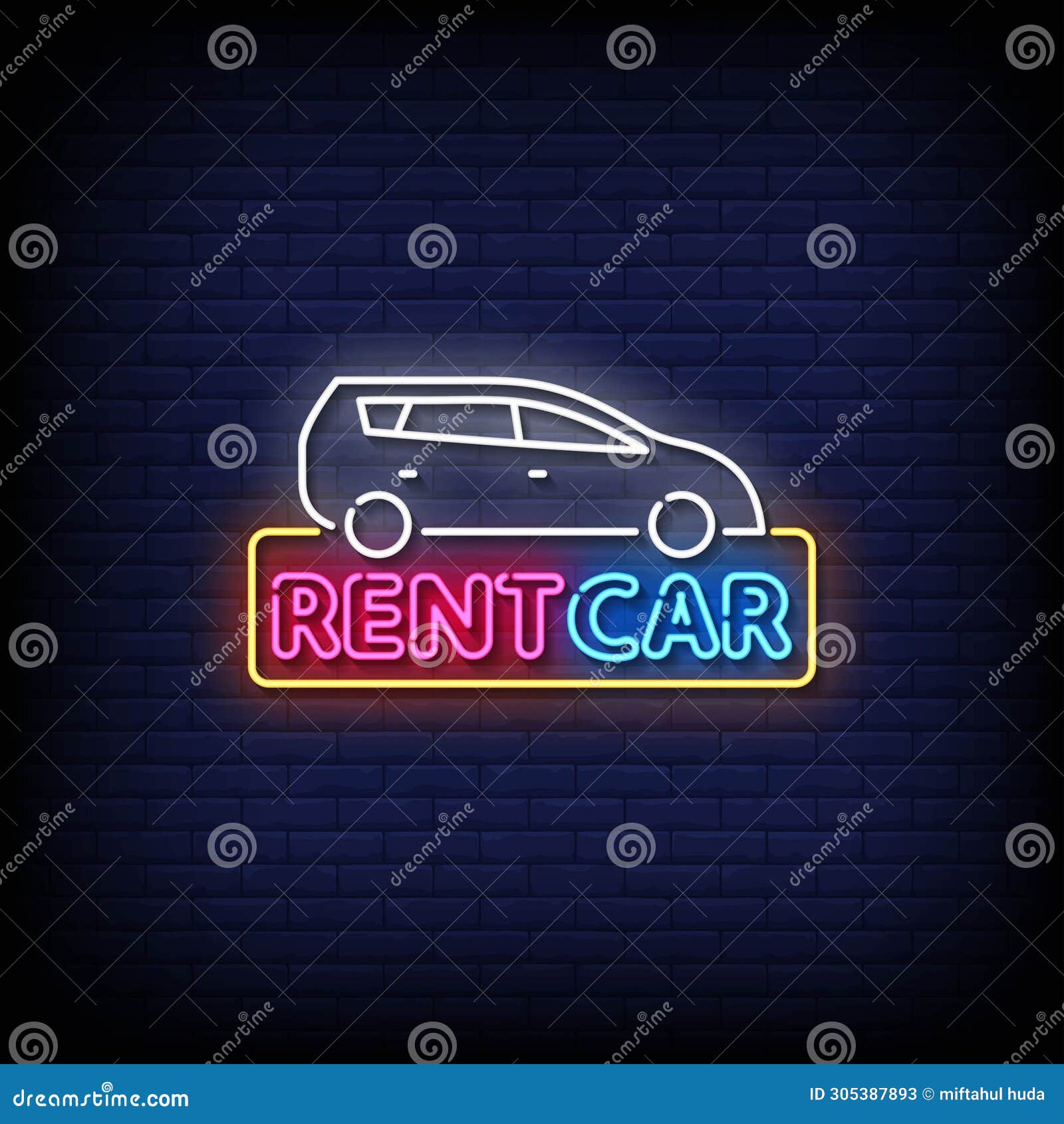 Neon Sign Rental Car with Brick Wall Background Vector Stock ...