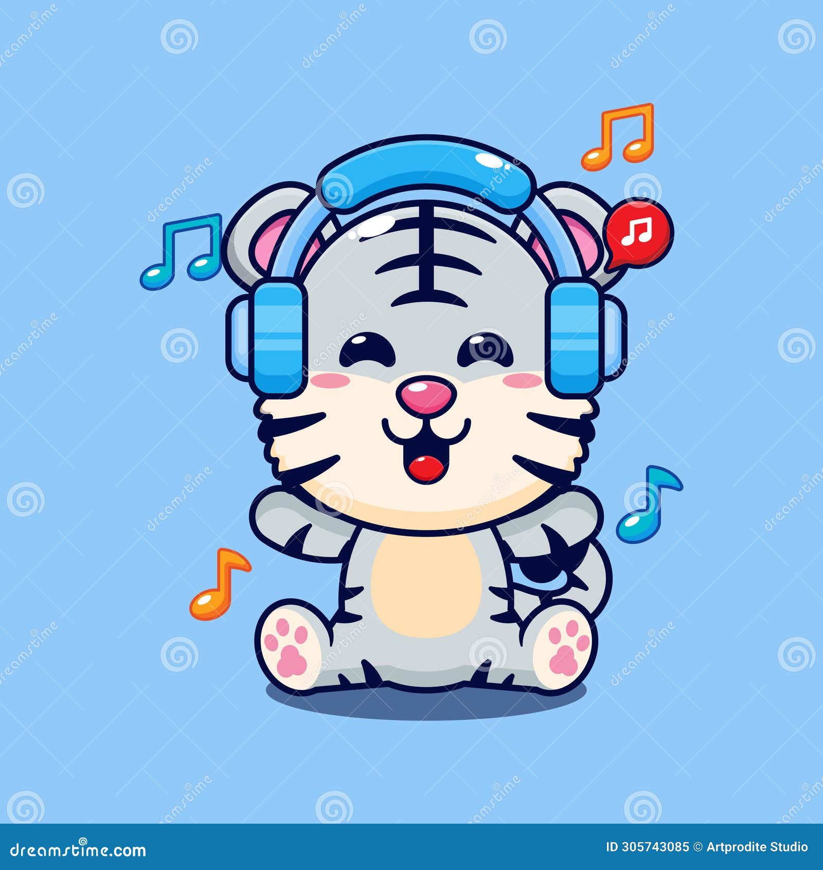 White Tiger Listening Music with Headphone Cartoon Vector Illustration ...
