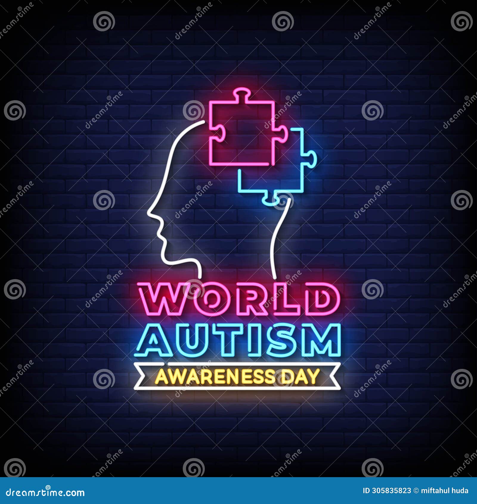 Neon Sign World Autism with Brick Wall Background Vector Stock ...