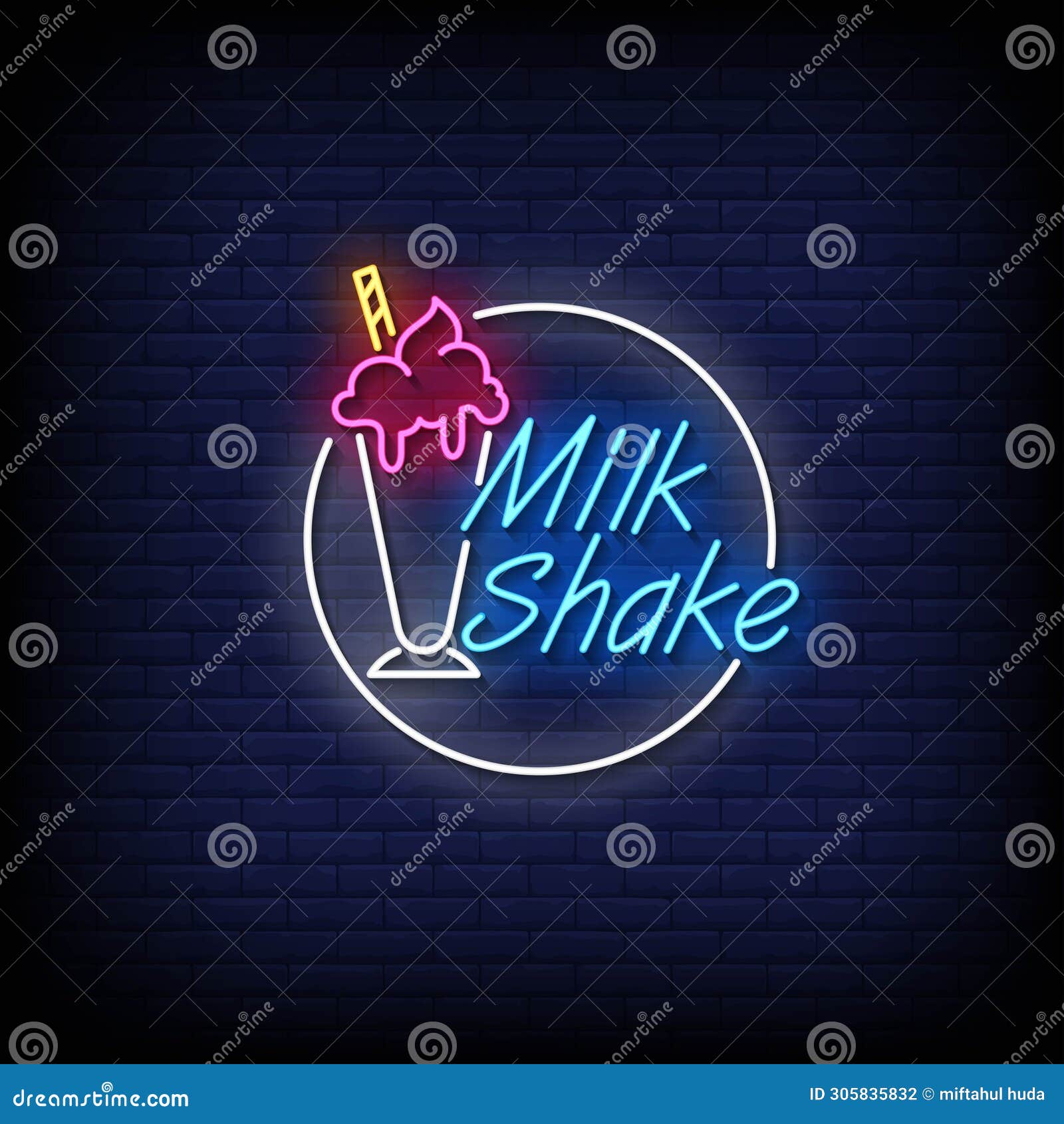 Neon Sign Milk Shake with Brick Wall Background Vector Stock ...