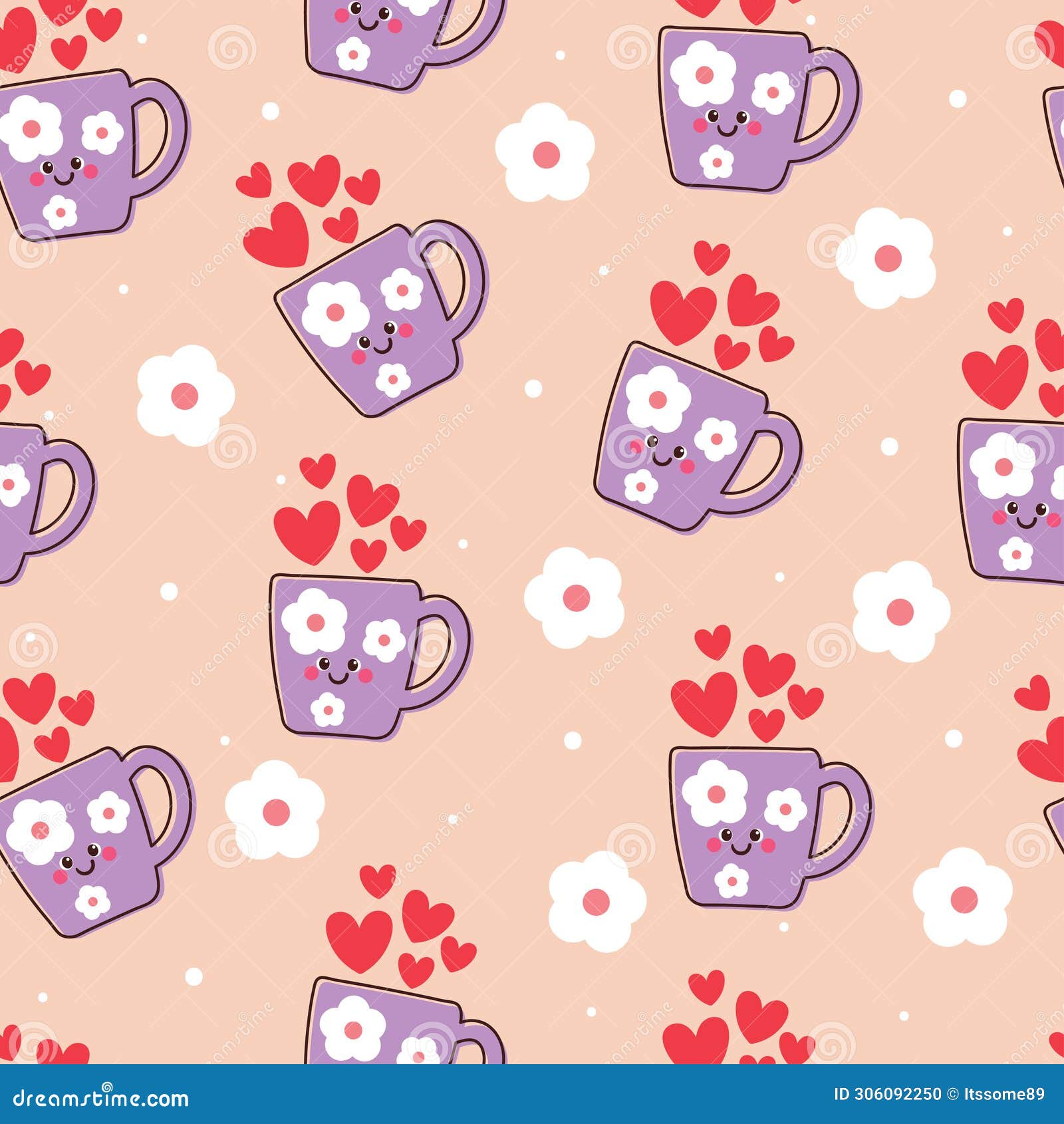 Seamless Pattern Cartoon Cup Full of Hearts Stock Illustration ...