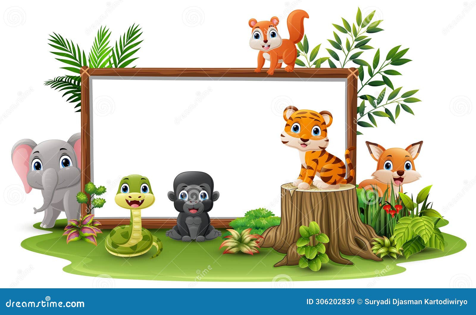 Cute Wild Animals Cartoon with Blank Board Stock Illustration ...