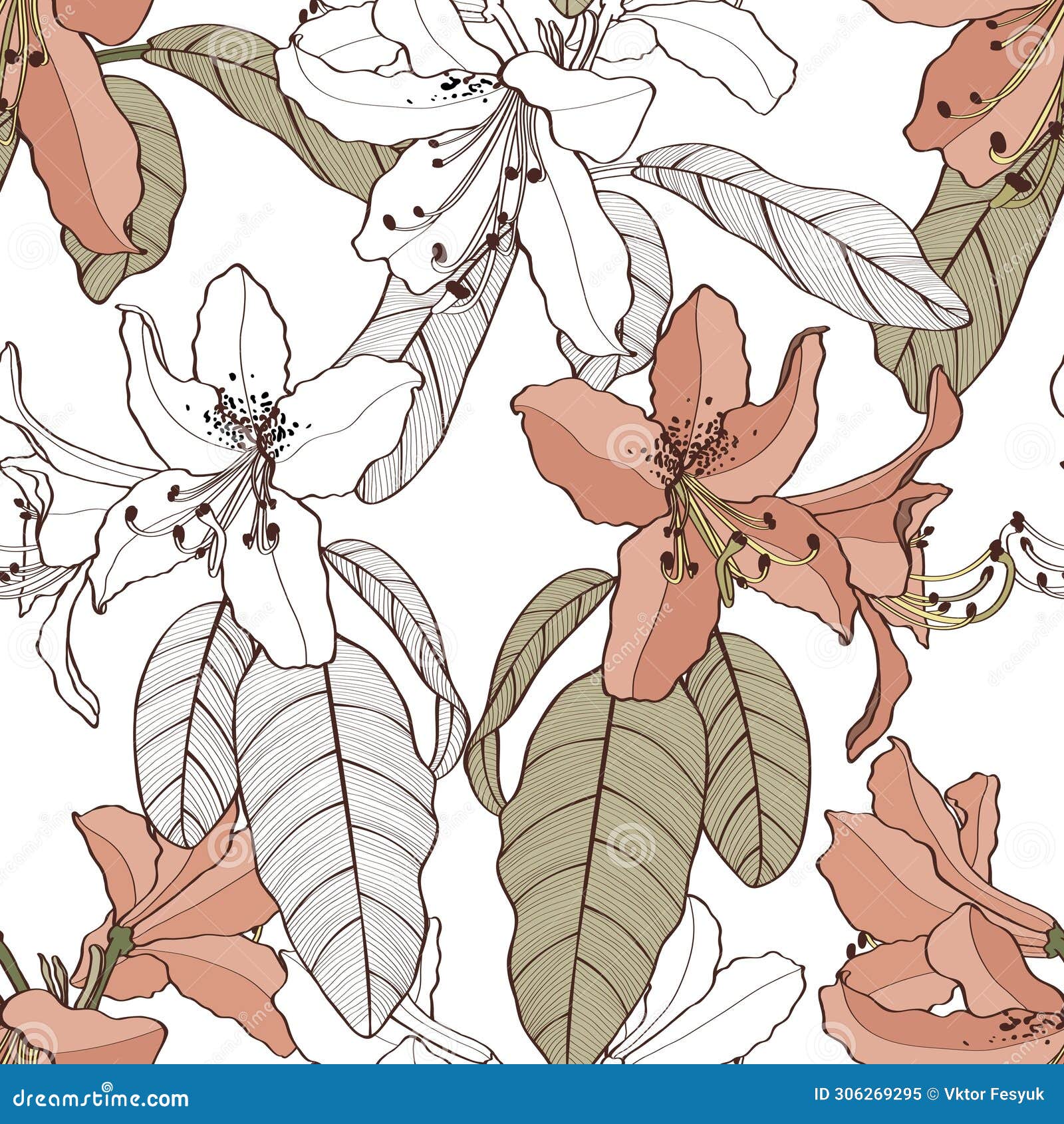 Seamless Pattern with Hand Drawn Rhododendron, Azalea Flowers Stock ...