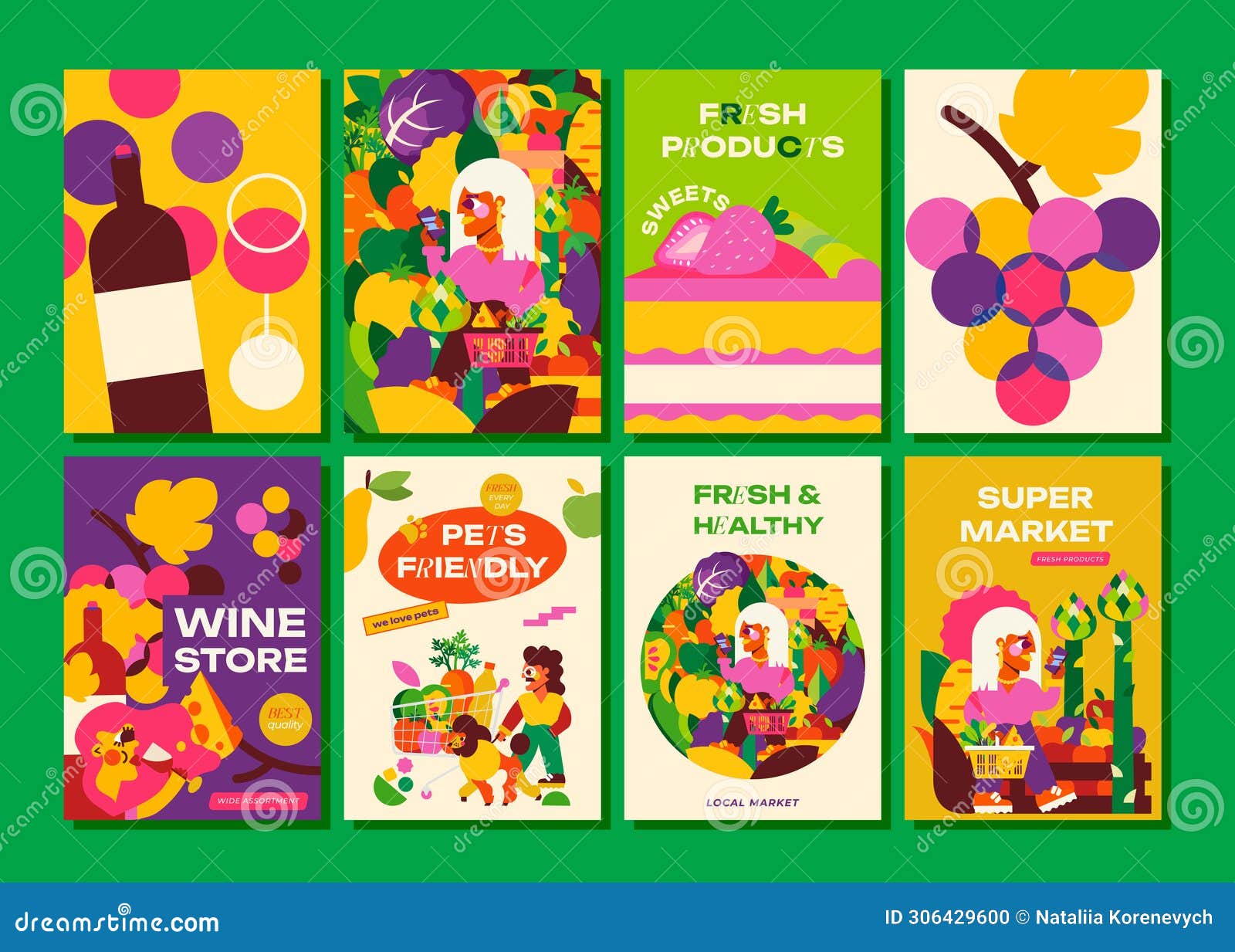 A Bright Collection of 8 Posters Bursting with Fresh Colors. Stock ...