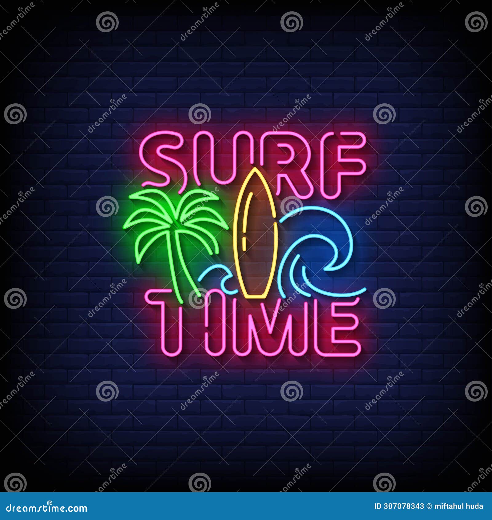 Neon Sign Surf Time with Brick Wall Background Vector Stock Vector ...