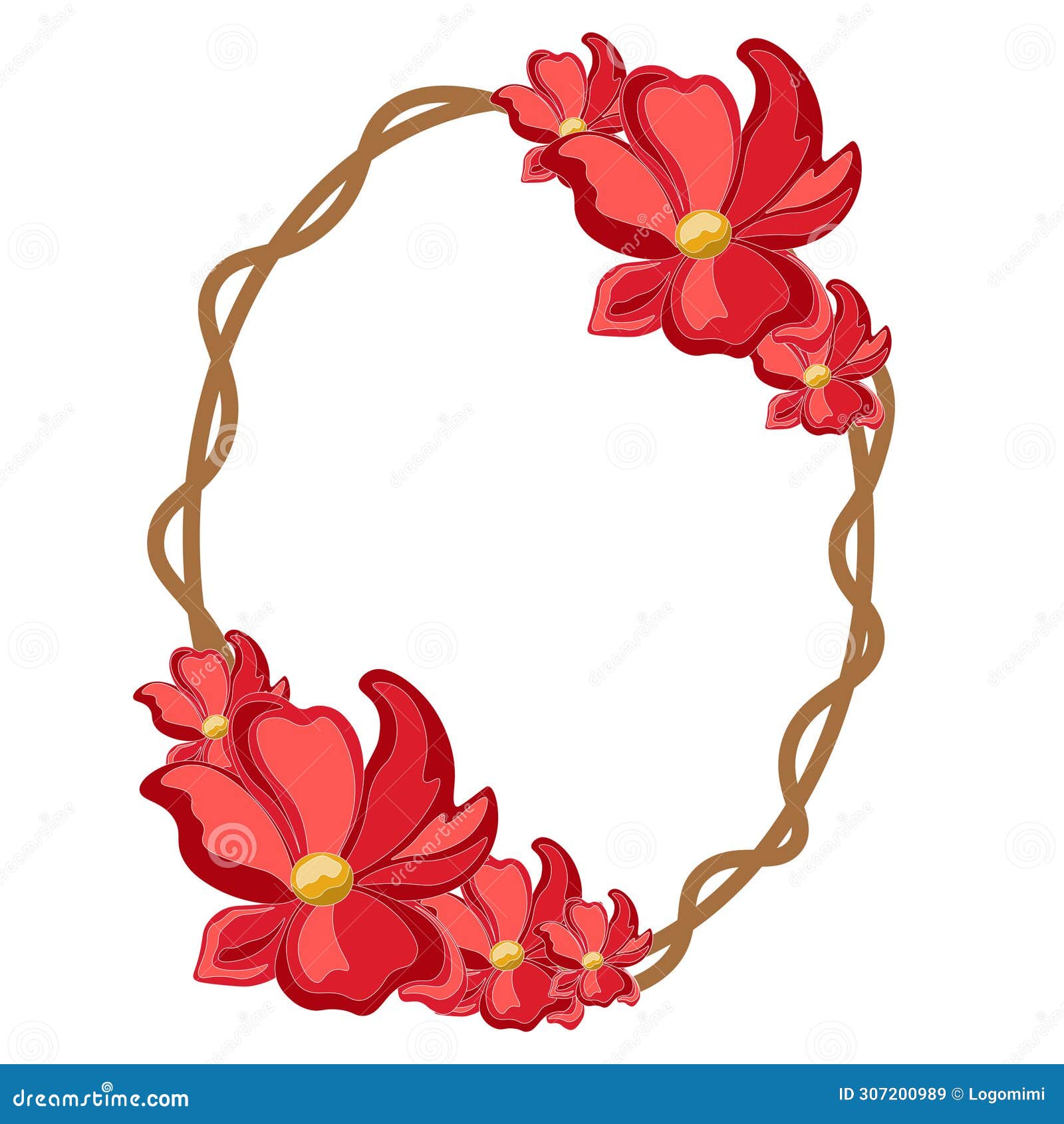 Ellipse Floral Frame, Oval Border with Red Flower Ornament Vector ...