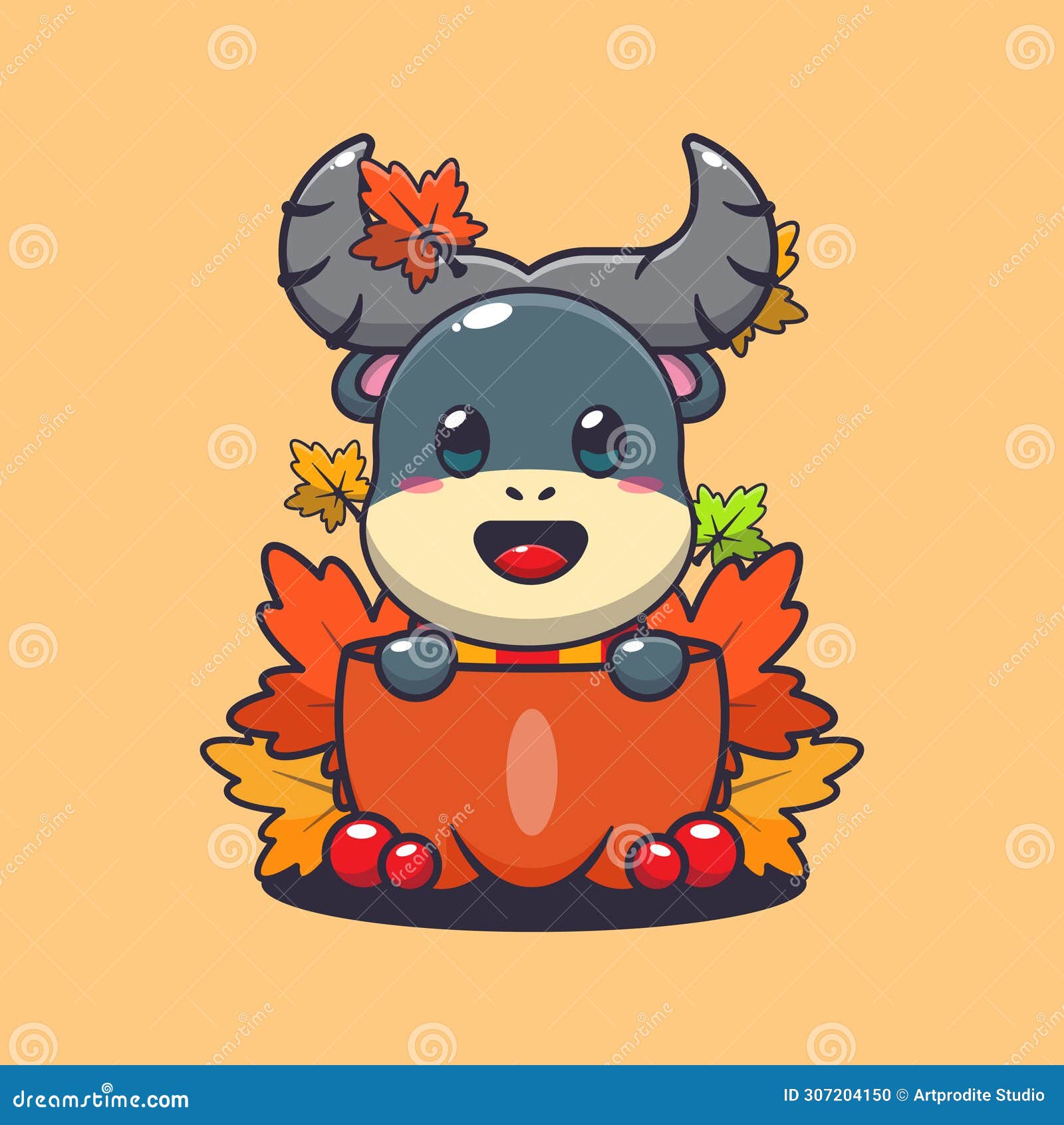Cute Buffalo in a Pumpkin at Autumn Season. Stock Vector - Illustration ...