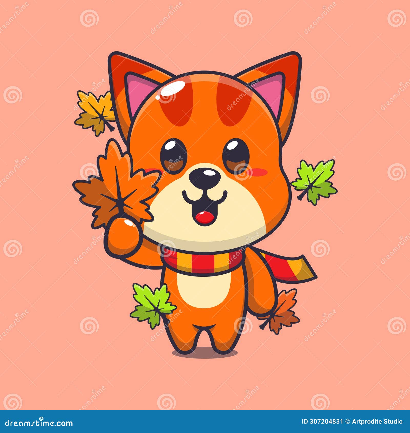 Cute Cat Holding Autumn Leaf. Stock Vector - Illustration of kawaii ...