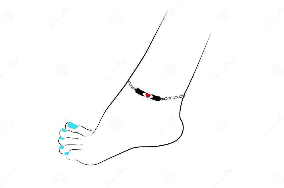 Woman Feet with Anklet and Blue Nails Line Drawing Isolated on White ...