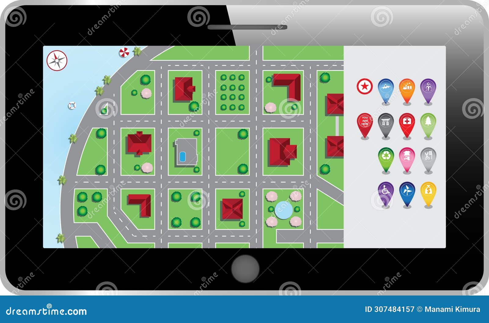 Bird View Map of Ocean Front Resort Town with Legends Stock Vector ...