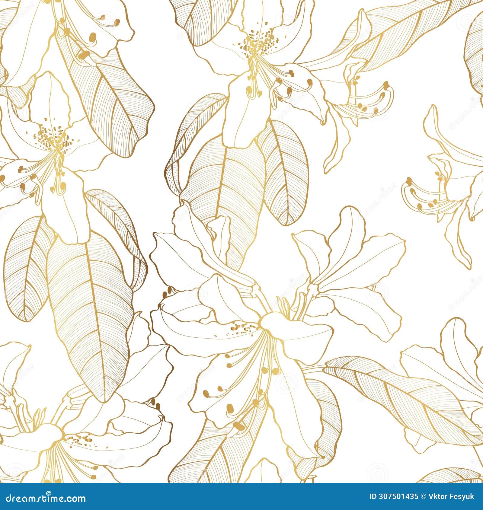Seamless Pattern with Hand Drawn Rhododendron, Azalea Flowers. Golden ...