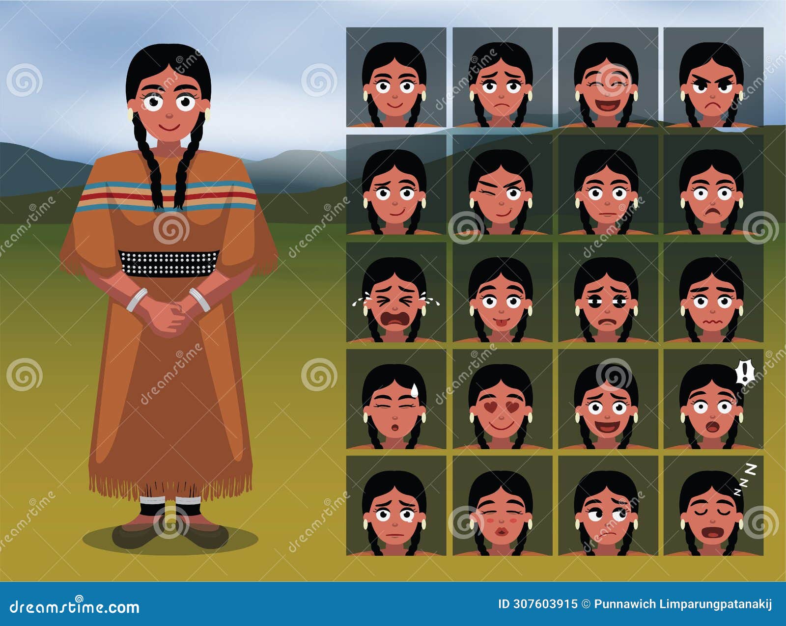 Native American Blackfeet Girl Cartoon Emotion Faces Vector ...