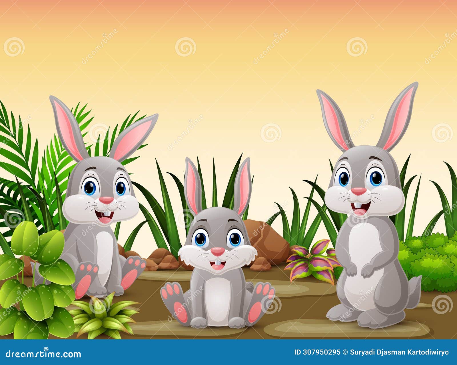 Cute Three Rabbit Cartoon in the Grass Stock Vector - Illustration of ...