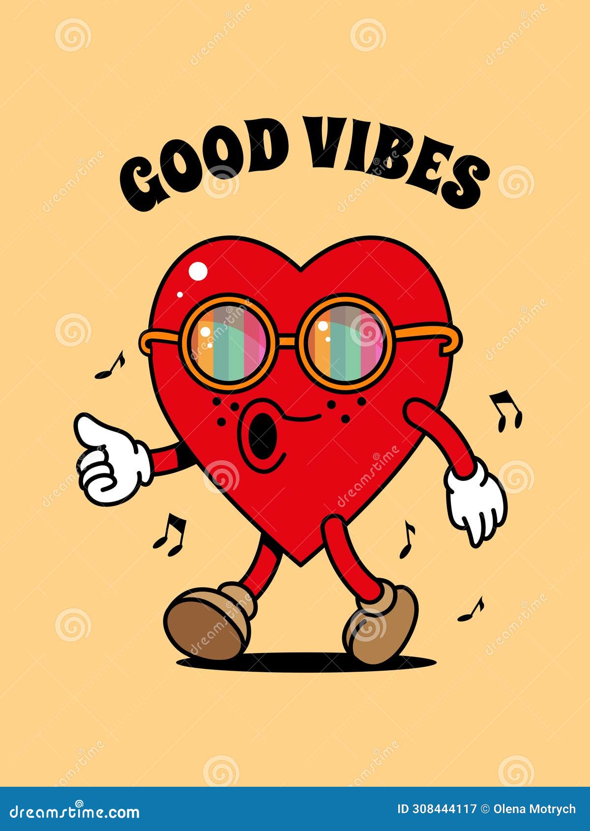 Vector Cartoon Heart Sings in Rainbow Glasses in Groovy Style. Stock ...