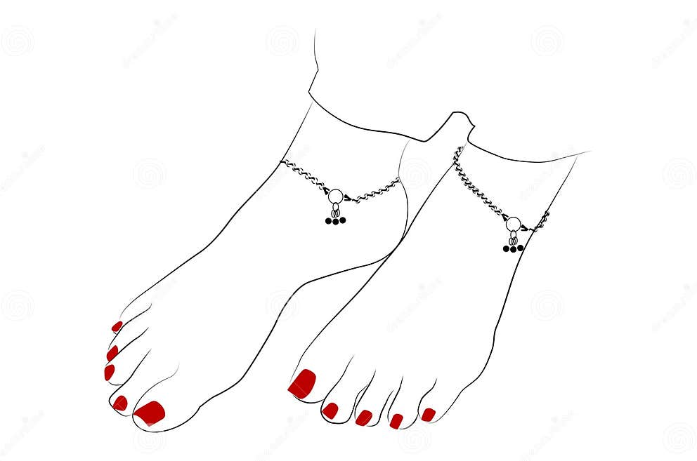 Indian Beautiful Woman Feet with Anklets Line Drawing Isolated on White ...