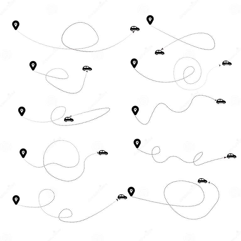 Set of Dashed Line Car Route with Location Stock Vector - Illustration ...